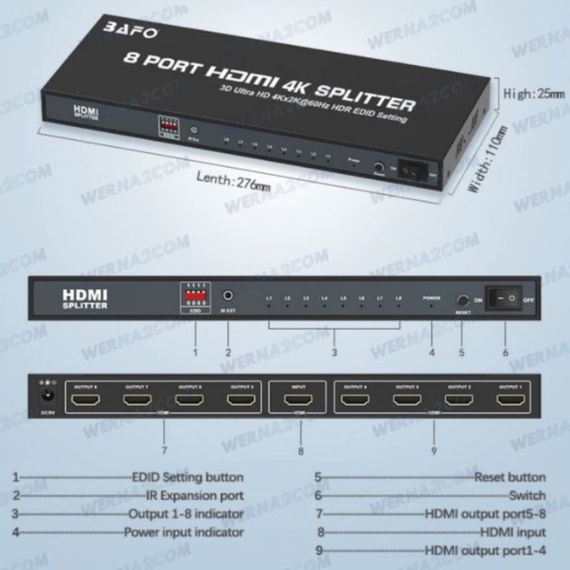 Spliter HDMI 8 Port, Bafo Hdmi Splitter 8 Port 4K Hdr With Edid Setting Original Bafo