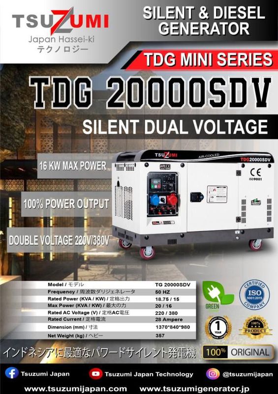 GENSET SILENT DIESEL 20 KVA 3 PHASE 15000 WATT TSUZUMI TDG 20000SDV