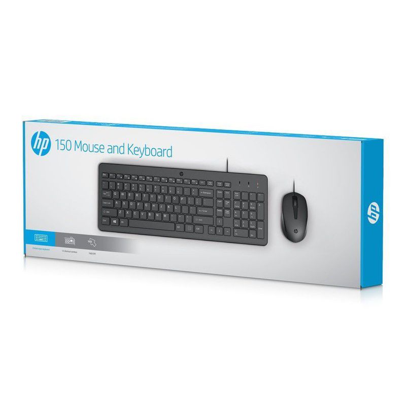 Keyboard Mouse HP 150 Wired USB-A Port 12 Shortcut Combos 1600 DPI