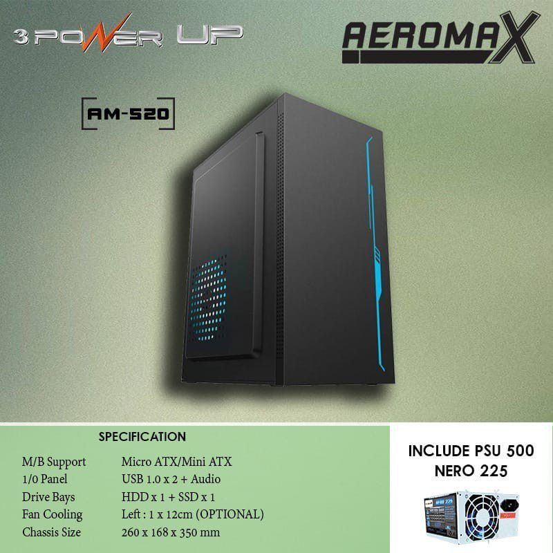 Casing PC Power Up AEROMAX AM-520 with PSU 500W m-ATX Case