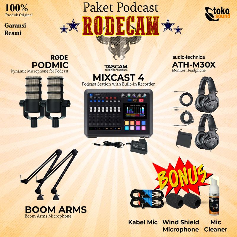 PAKET PODCAST RODCAM 2 ORANG - Tascam MixCast 4 Mixer - Rode Podmic - Full Boom Arm