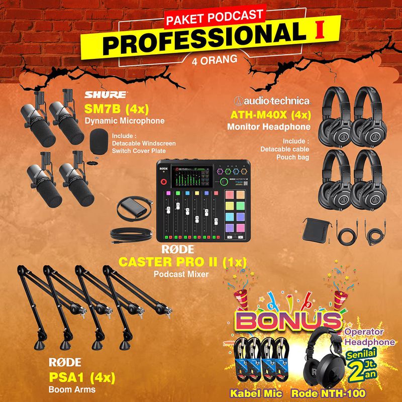 PAKET PODCAST PROFESSIONAL 4 ORANG - RODE RODECASTER PRO 2 SHURE SM7B ...