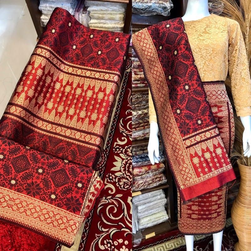 Kain Tenun Songket Motif Bunga Cina Maron Hitam Gold Warna Biru Pink silver, Merah Pengantin Gold.