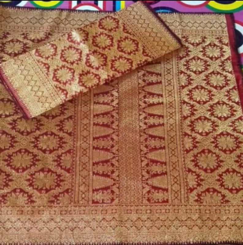 Kain Tenun Songket Motif Lepus Warna Maron Gold Dan Biru Silver