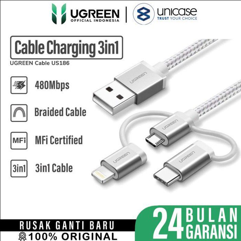 Cable USB to Micro/Lightning/Type C UGREEN MFI 3in1 3A Fast Charging ...
