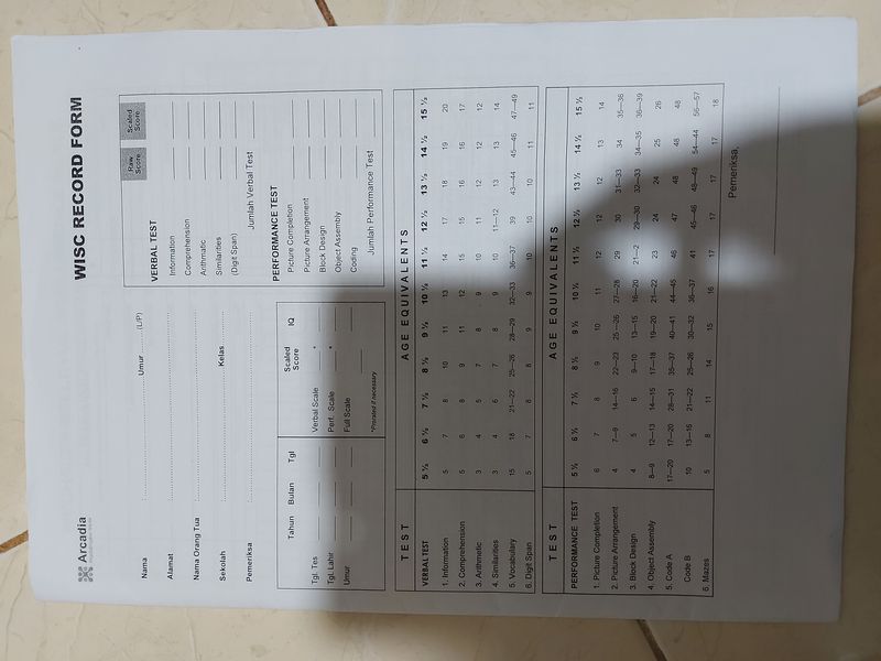Lembar Wisc Record Form (3/1Lbr) - Inst. Psikolgi/Jiwa