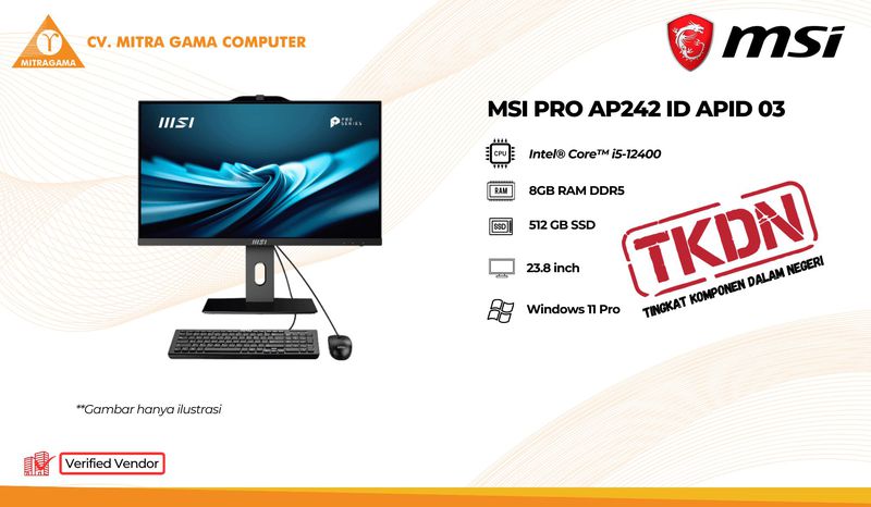MSI PRO AP242 ID APID 03 - KOMPUTER CLIENT I5 gen 12, 8GB DDR5, 512GB SSD, 24 INCH, WIN 11