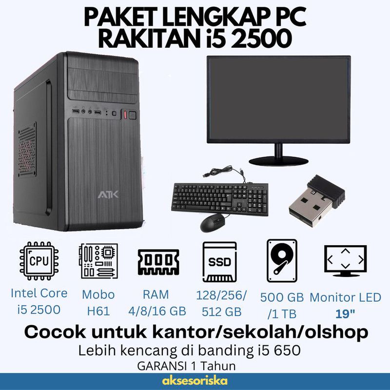 PAKET LENGKAP PC RAKITAN KOMPUTER KANTOR Intel Core i5 MONITOR LED 19