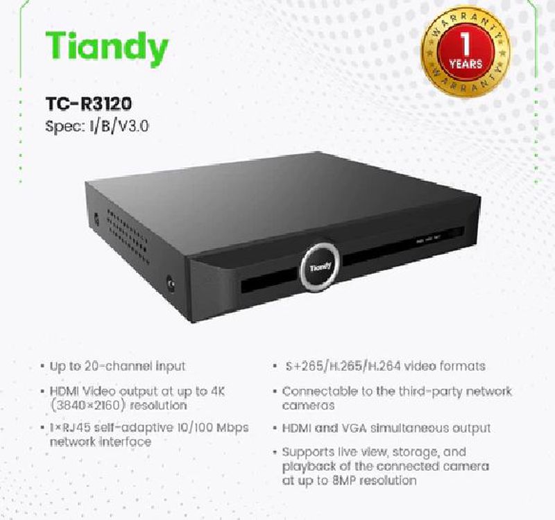 NVR 20 Channel Tiandy TC-R3120 4K Non-PoE 1 SATA IP Camera Onvif Lite