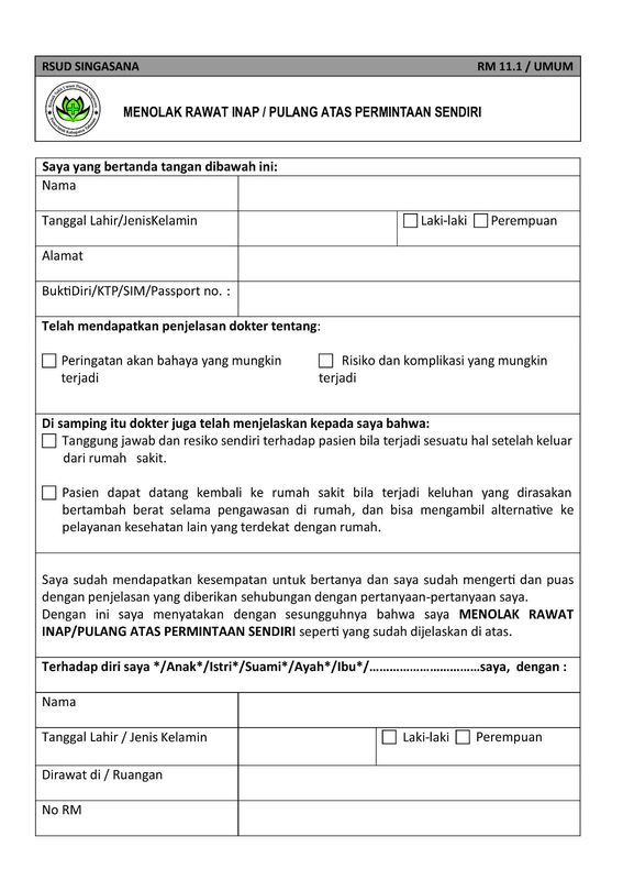Form Menolak Rawat Inap/Pulang atas Permintaan Sendiri (PAPS)