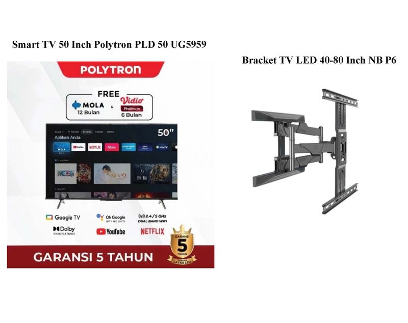 Smart TV 50 Inch Polytron PLD 50UG5959 + Bracket TV LED NB P6 + Pemasangan