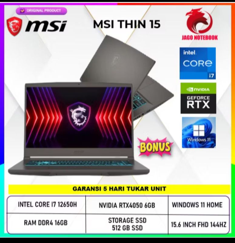 LAPTOP MSI CORE i7 RAM 16GB SSD 512GB VGA 6GB DDR4