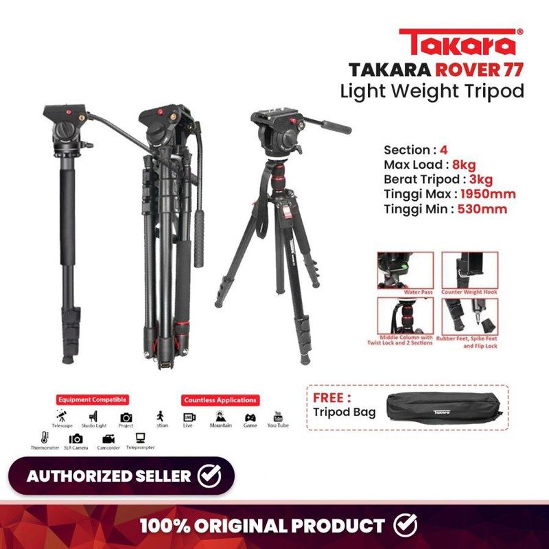 Takara ROVER 77 2 in 1 Traveller Fluid Head Video Tripod Monopod Kit ...