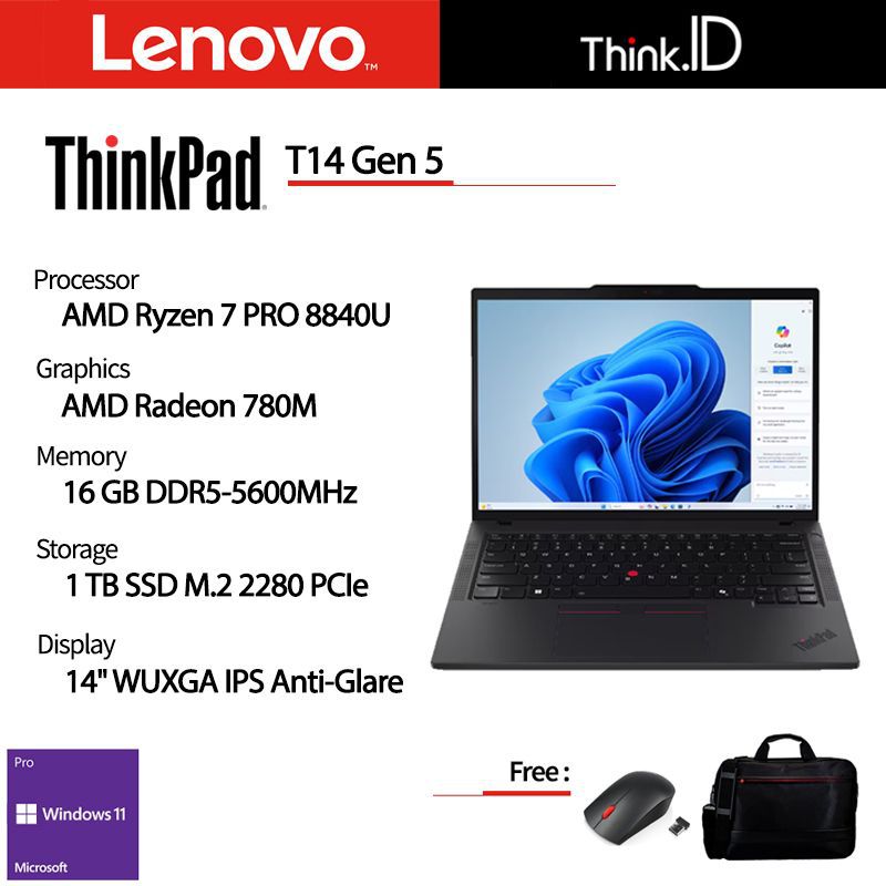Lenovo ThinkPad T14 Gen 5 Ryzen 7 PRO 8840U 16GB 1TB NVMe 14"IPS IR Win11 Pro 100