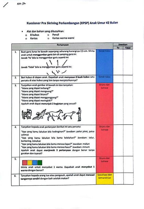 KUESIONER PRA SKRINING PERKEMBANGAN (KPSP) ANAK UMUR 42 BULAN (A4)WARNA (2Lbr) (SET)