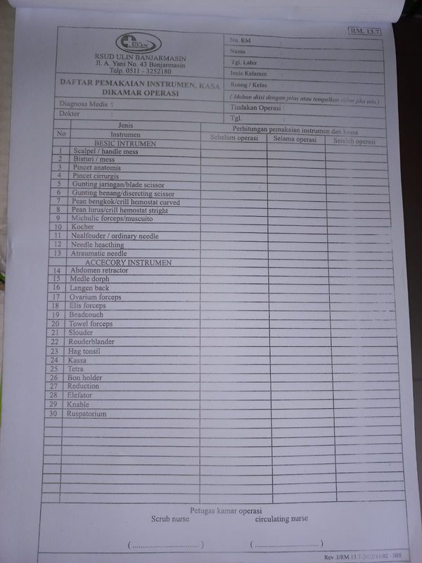 RM 13.7 - Daftar Pemakaian Instrumen, Kasa di Kamar Operasi (A4)