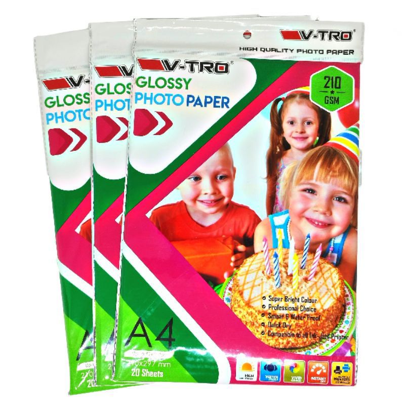 Kertas Foto Glossy Photo Paper A4 210 Gsm/Gram V-TRO 20 Lbr