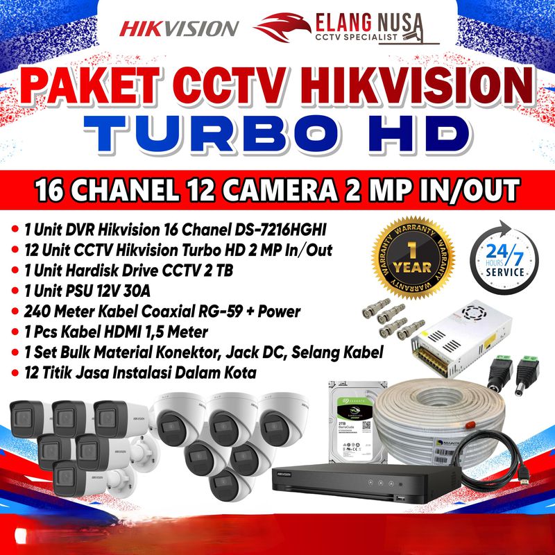 Paket CCTV Hikvision Turbo HD 16 Ch 12 Camera 2MP In/Out - Tanpa Instalasi