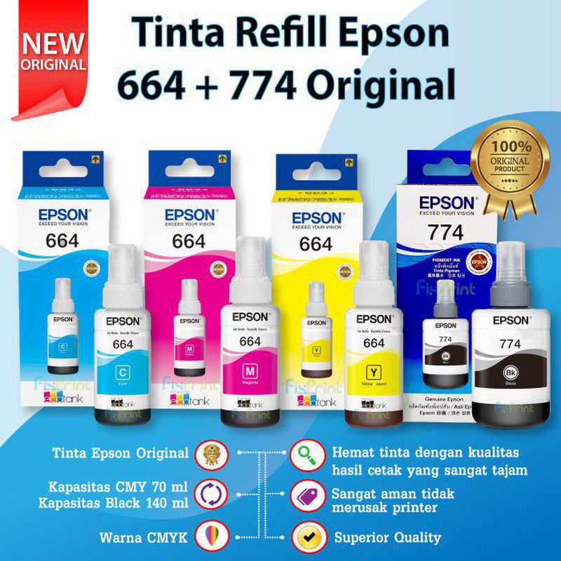 Tinta Epson 774 T774 Black 664 T664 CMY L1455 L365 L655 100% Original ...