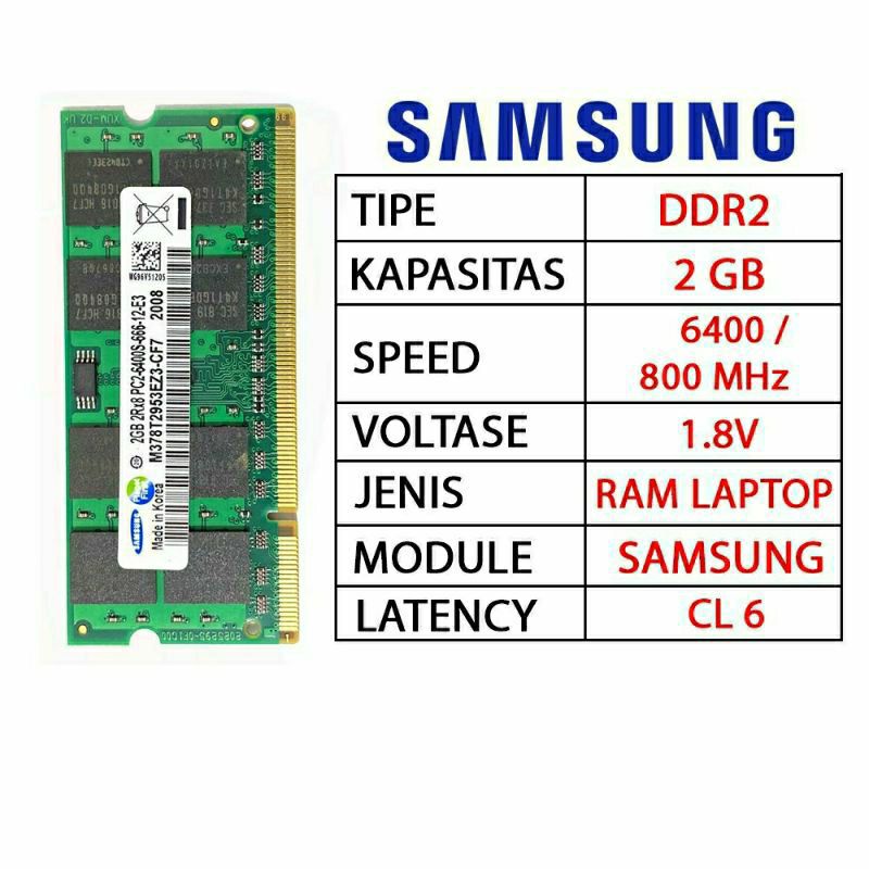 RAM LAPTOP SAMSUNG DDR2 2GB 6400/800MHz ORIGINAL RAM SODIMM 1.8v 2GB