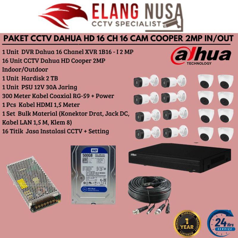 PAKET CCTV DAHUA HD 16 CH 16 CAM COOPER 2MP IN/OUT - Tanpa Instalasi
