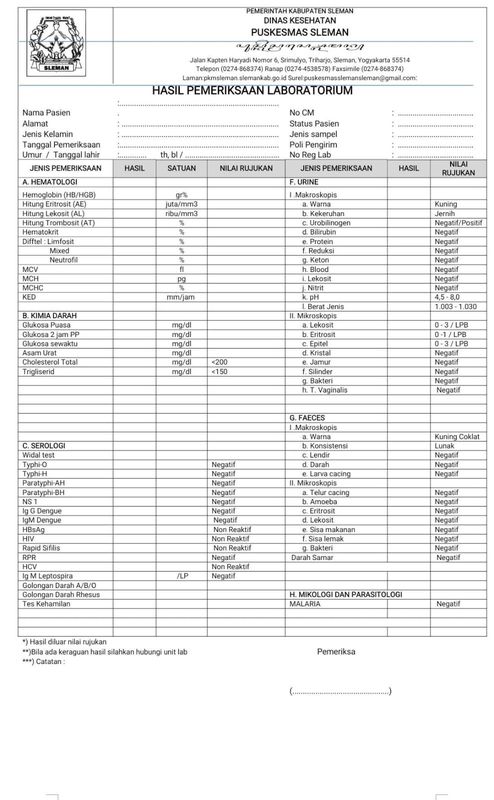 Form Hasil Pemeriksaan laboratorium Puskesmas Sleman