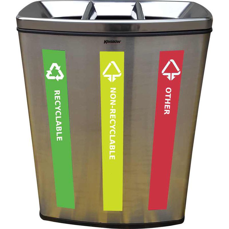 KRISBOW DUSTBIN Stainless Steel Body 3 Compartment Open Top 30L