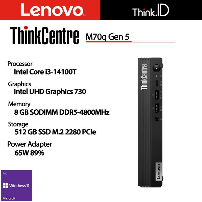 Lenovo ThinkCentre M70q G5 i3-14100T 8GB 512GB NVMe Windows11 Pro H00