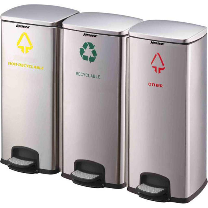 KRISBOW DUSTBIN Stainless Steel Body 3 Compartment with Pedal 30 L