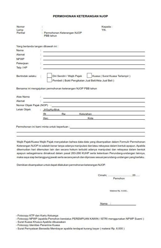Format permohonan keterangan NJOP PBB