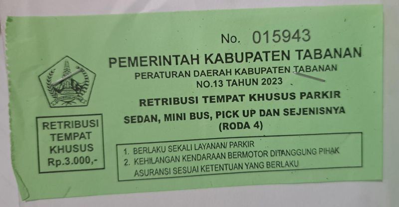 KARCIS RETRIBUSI TEMPAT KHUSUS PARKIR (RODA 4)