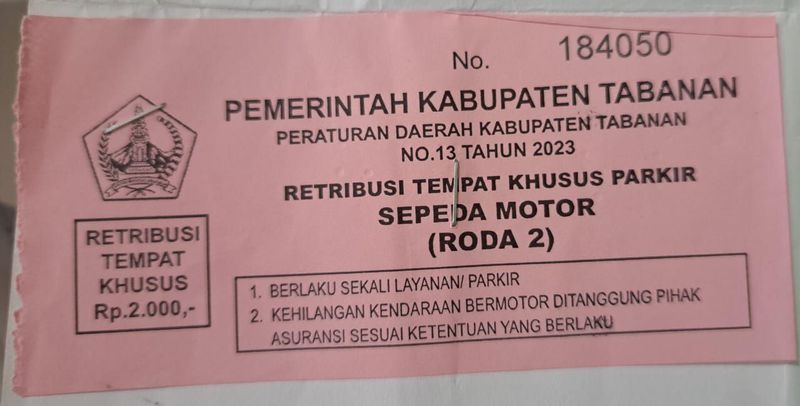 KARCIS RETRIBUSI TEMPAT KHUSUS PARKIR (RODA 2)