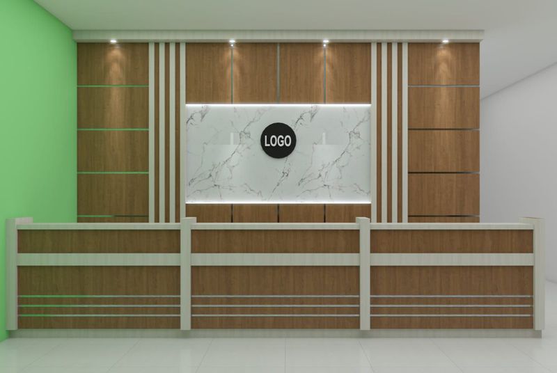 Meja resepsionis dan Backdrop Front Office Custom