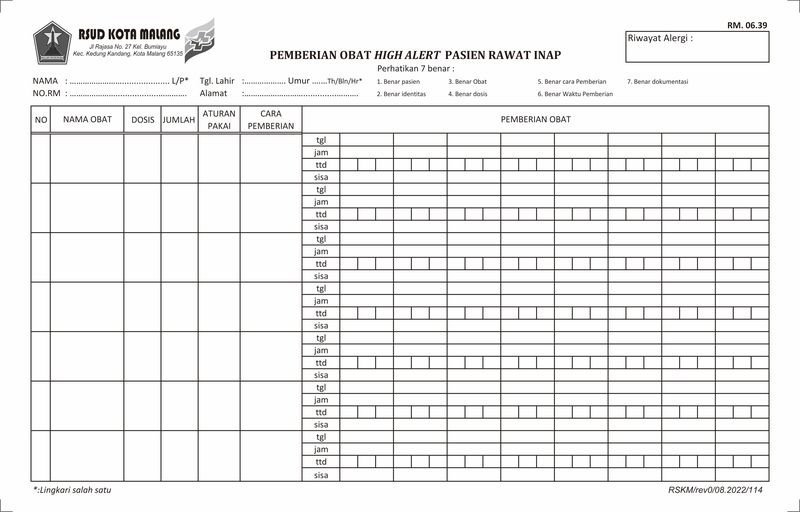 Form Pemberian Obat High Alert Pasien Rawat Inap