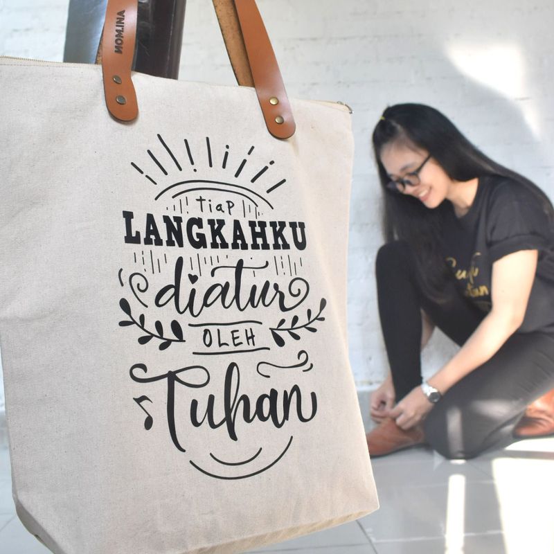 Tote bag Kanvas Twill Greige 10oz - Tali kulit sapi - Potrait