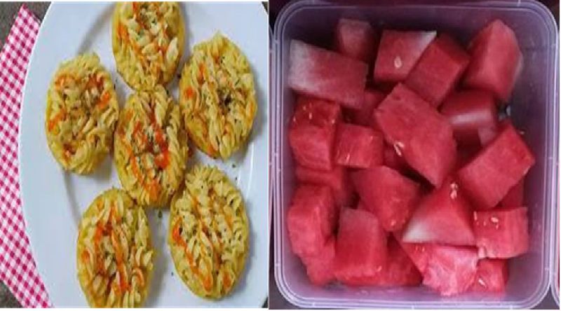 Tim Telor Makaroni Ikan Dan Buah Semangka Segar