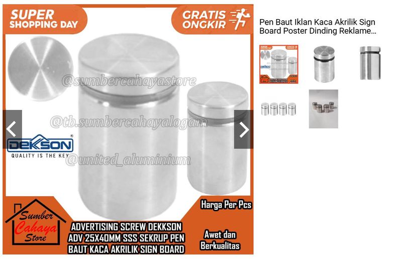 Baut No 10 Stainless Pen Baut Iklan Kaca Akrilik 40 x 25 mm Sekrup