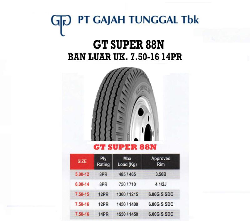 GT SUPER 88N UK. 7.50-16 14PR, BAN LUAR+BAN DALAM+FLAP