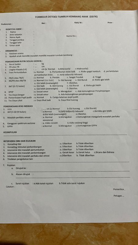 Formulir deteksi dini tumbuh kembang (DDTK)