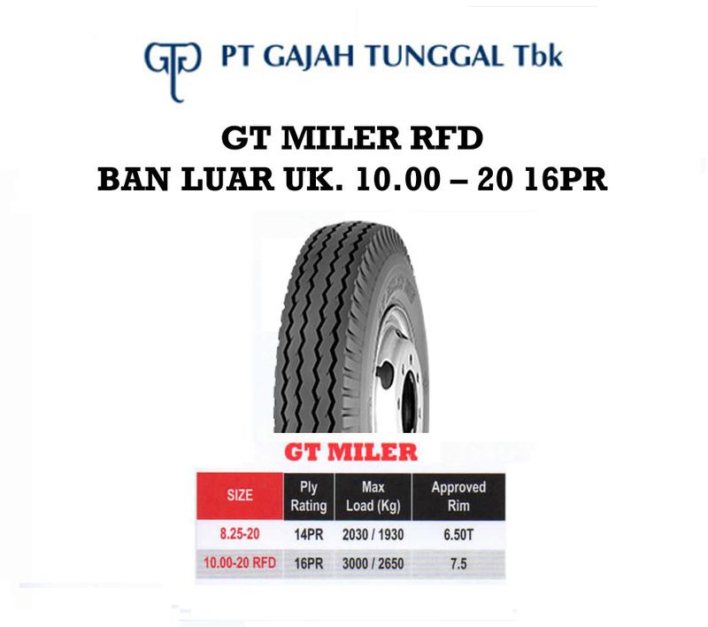 GT MILER RFD UK. 10.00 - 20 16PR, BAN LUAR + BAN DALAM + FLAP