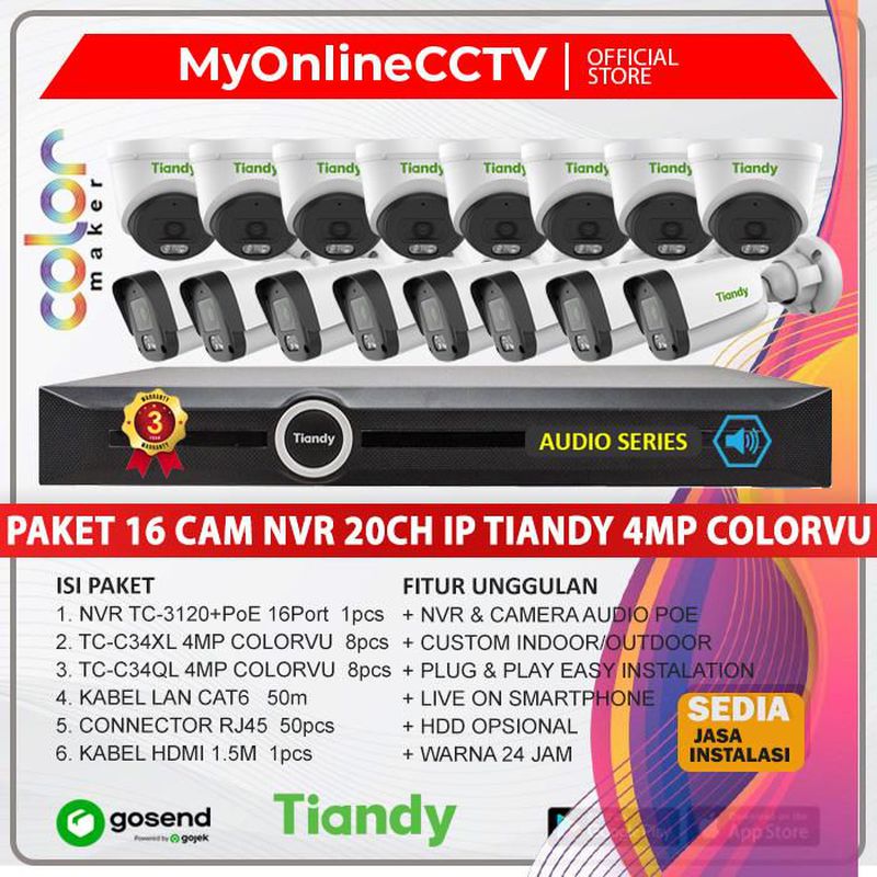 Paket IP Camera 4MP Col Audio Tiandy 16 Kamera NVR 20 Channel