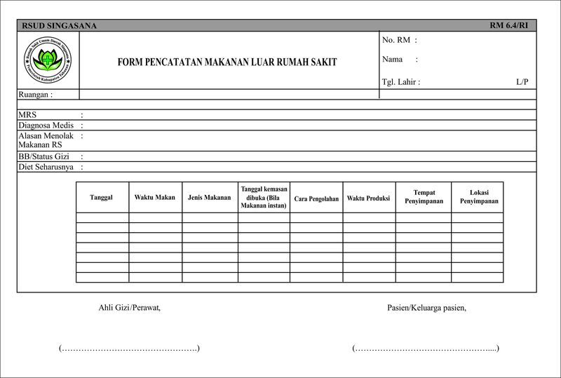Form pencatatan makanan luar rumah sakit