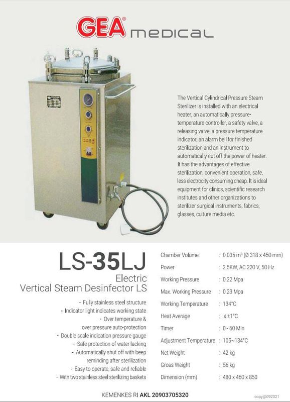 Electric Vertical Steam desinfector LS, Merk GEA Type : LS-35LJ
