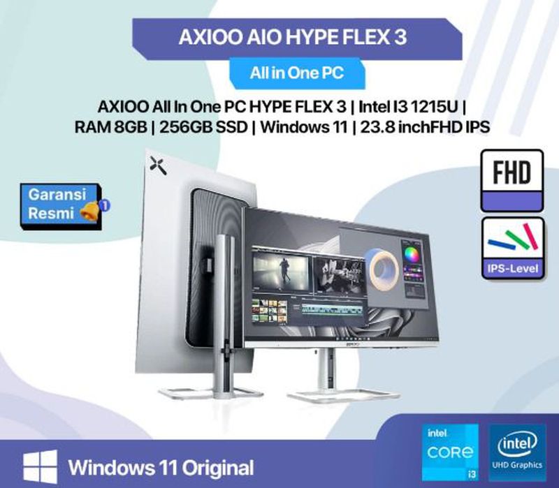 Axioo AIOHype Flex 3 | Axioo All in One PC Intel I3 1215U, RAM 8GB, SSD256GB,23.8 Inch FHD IPS