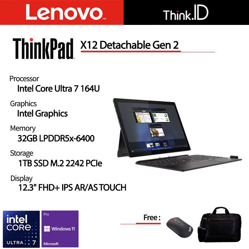 ThinkPad X12 Detachable G2 Ultra 7 164U 32GB 1TB NVMe IR 12.3" FHD+ IPS ...