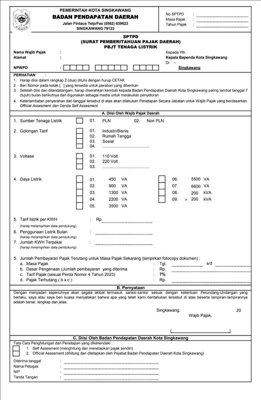Blanko Pajak Tenaga Listrik PJBT