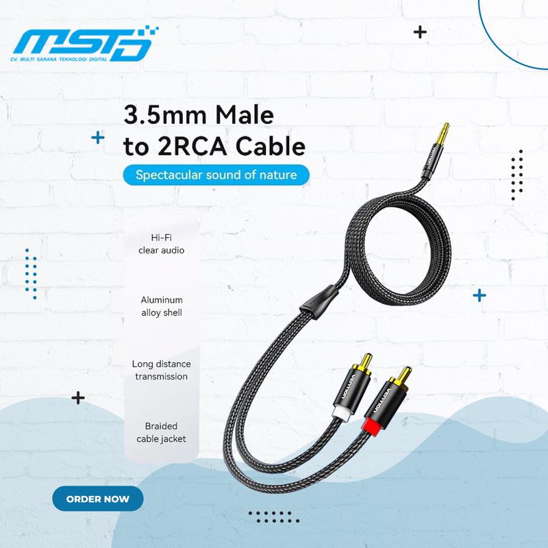 Audio Cable Aux Vention 3.5mm To 2 RCA Male Braided Black - BCP