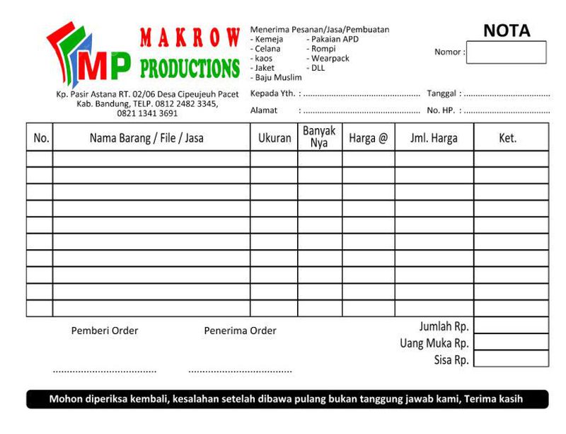 Cetak Nota Pesanan 1/2 Folio