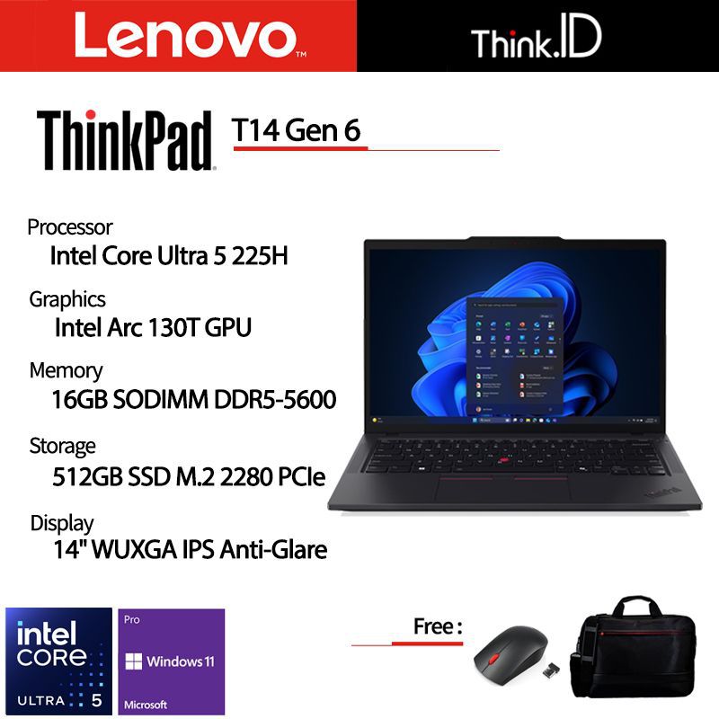 Lenovo ThinkPad T14 Gen 6 Ultra 5 225H 16GB 512GB SSD 14" IPS Arc IR ...