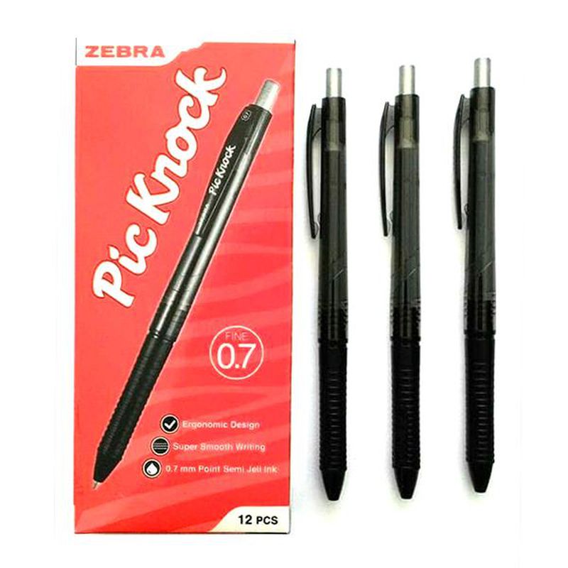 Zebra Pic Knock Pulpen - 0.7 mm - Tinta Hitam - 1 Pak Isi 12 Pcs - Hitam